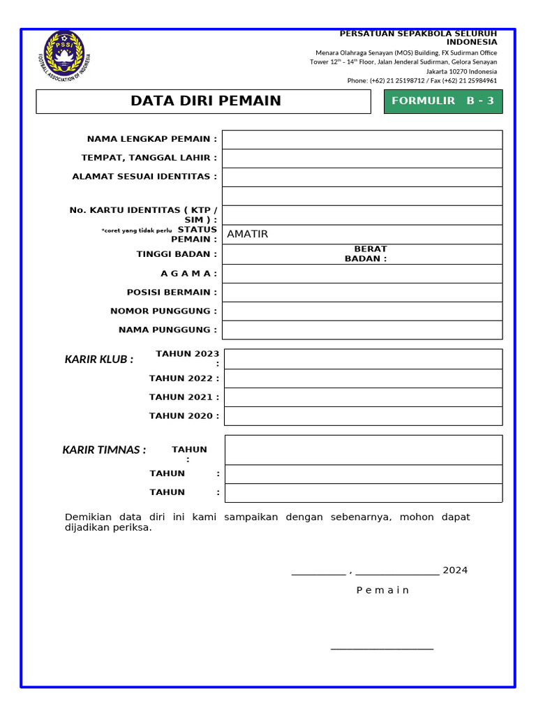 B3 Formulir Data Diri Pemain U13 | PDF