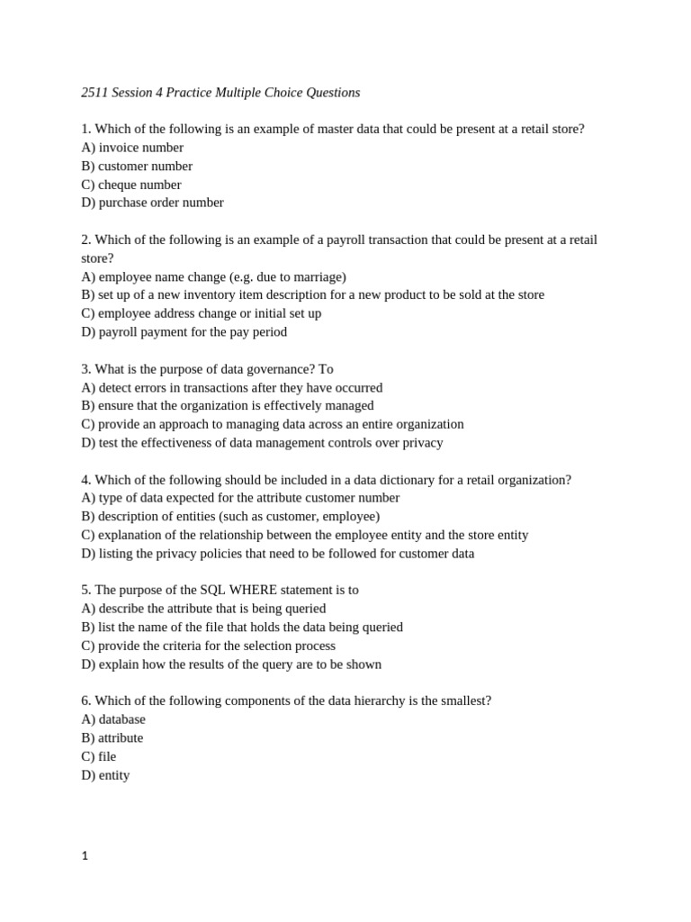 Session 4 Practice Multiple Choice Questions | PDF | Database ...