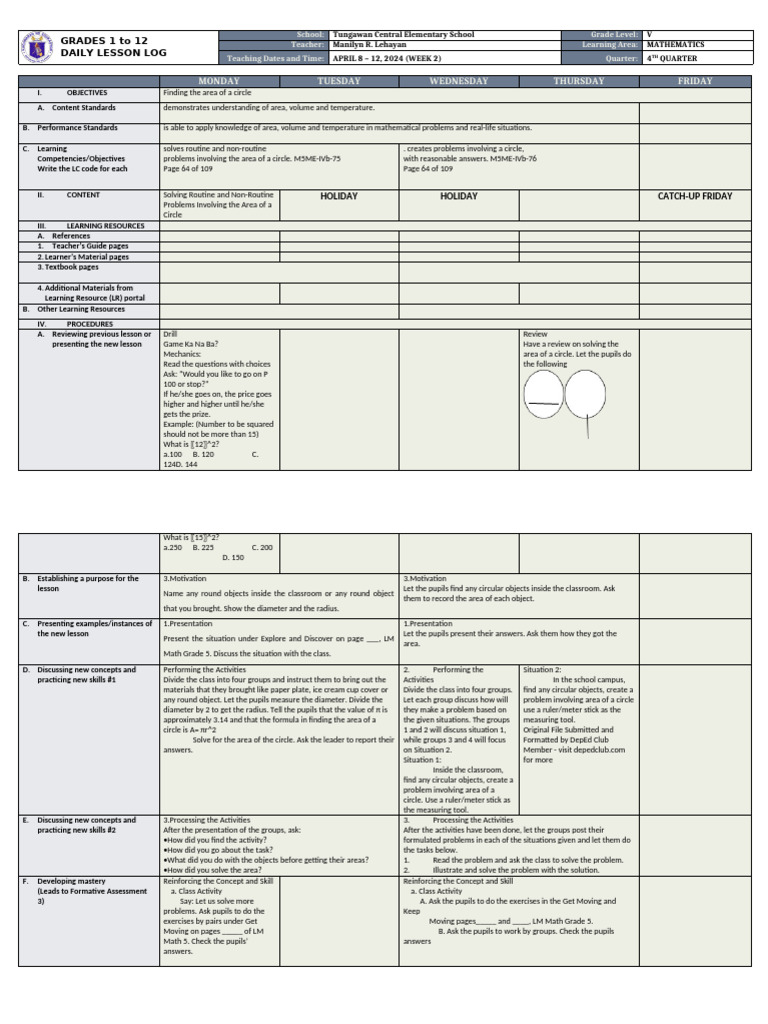 DLL_MATHEMATICS 5_Q4_W2 | PDF | Area | Circle