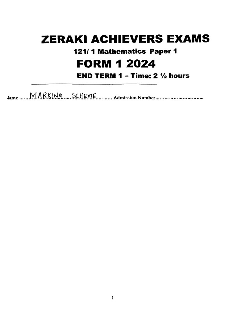 Mathematics Marking Scheme Zeraki Achievers 12.0 - March 2024 | PDF