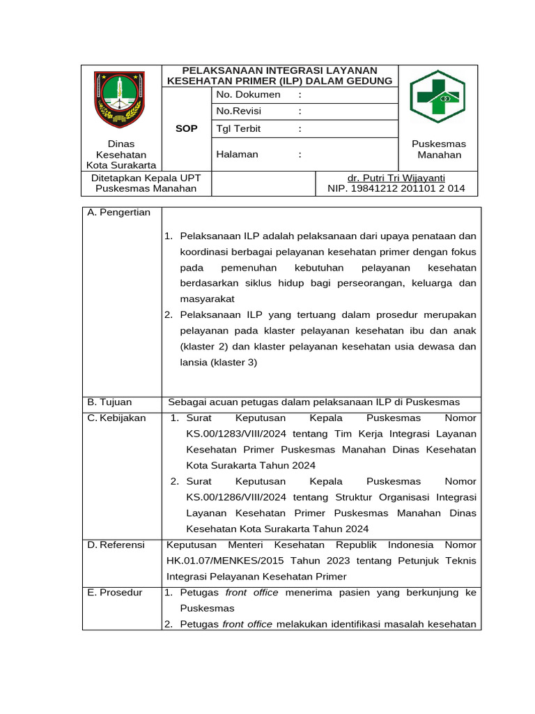 Sop Pelaksanaan Integrasi Layanan Kesehatan Primer (Ilp) Dalam Gedung | PDF | Sains & Matematika