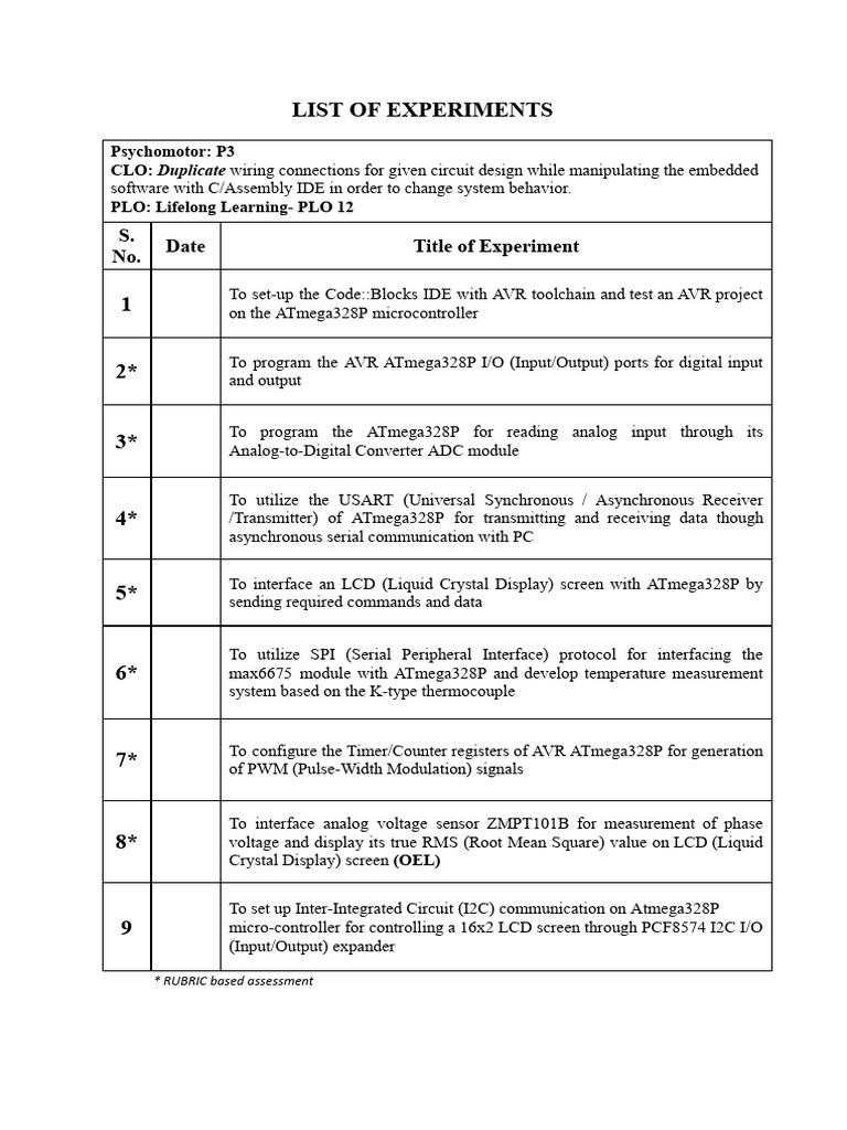LIST OF EXPERIMENTS Embedded Systems | PDF