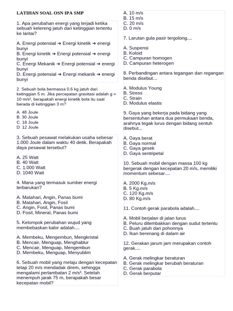 Latihan Soal OSN IPA SMP: Energi dan Gerak | PDF