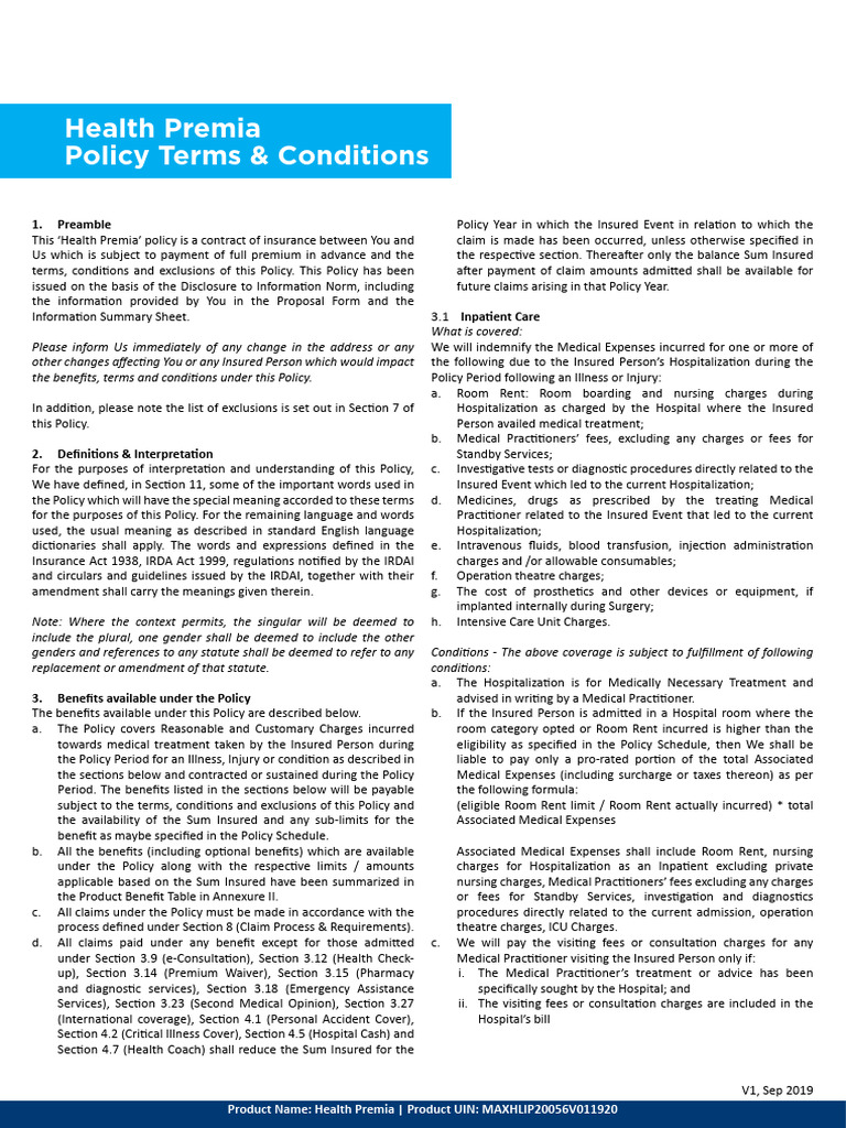 Health Premia Policy Wording | PDF | Insurance | Hospital