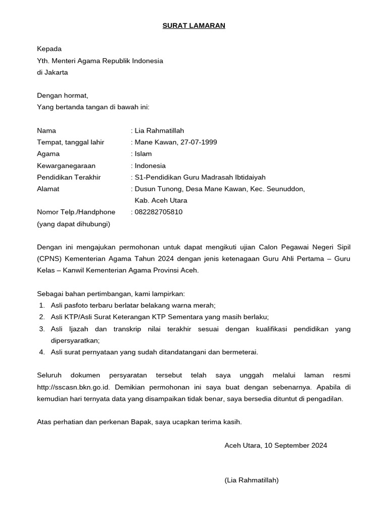 Surat Lamaran Lia Rahmatillah | PDF