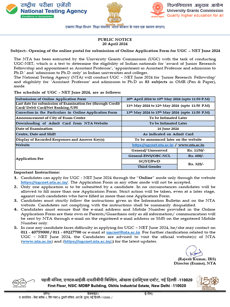 Public Notice For Opening of Online Application Ugc Net June 2024 | PDF