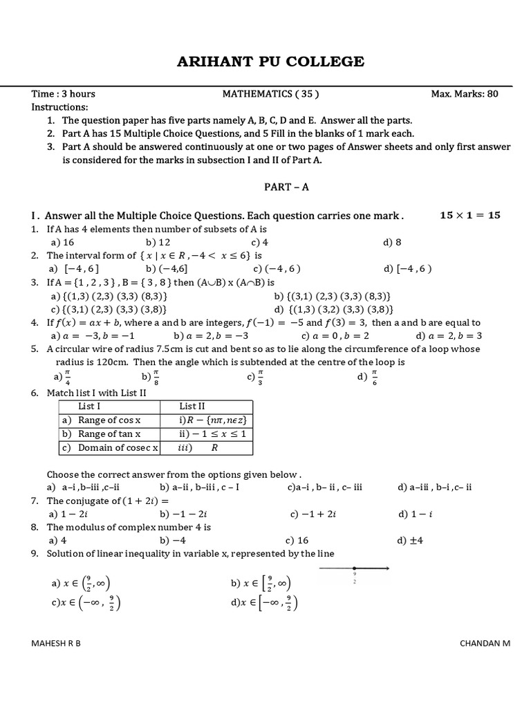 1st PU Midterm QP OCT24 | PDF | Mathematical Concepts | Mathematics
