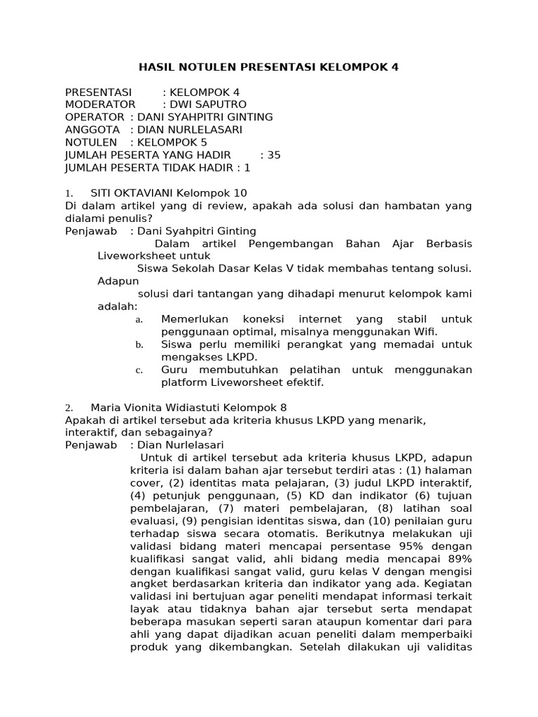 Notulen Presentasi Kelompok 4 | PDF