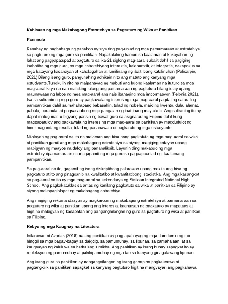Kabisaan NG Mga Makabagong Estratehiya Sa Pagtuturo NG Panitikan | PDF Kabisaan NG Mga Makabagong Estratehiya Sa Pagtuturo NG Panitikan | PDF