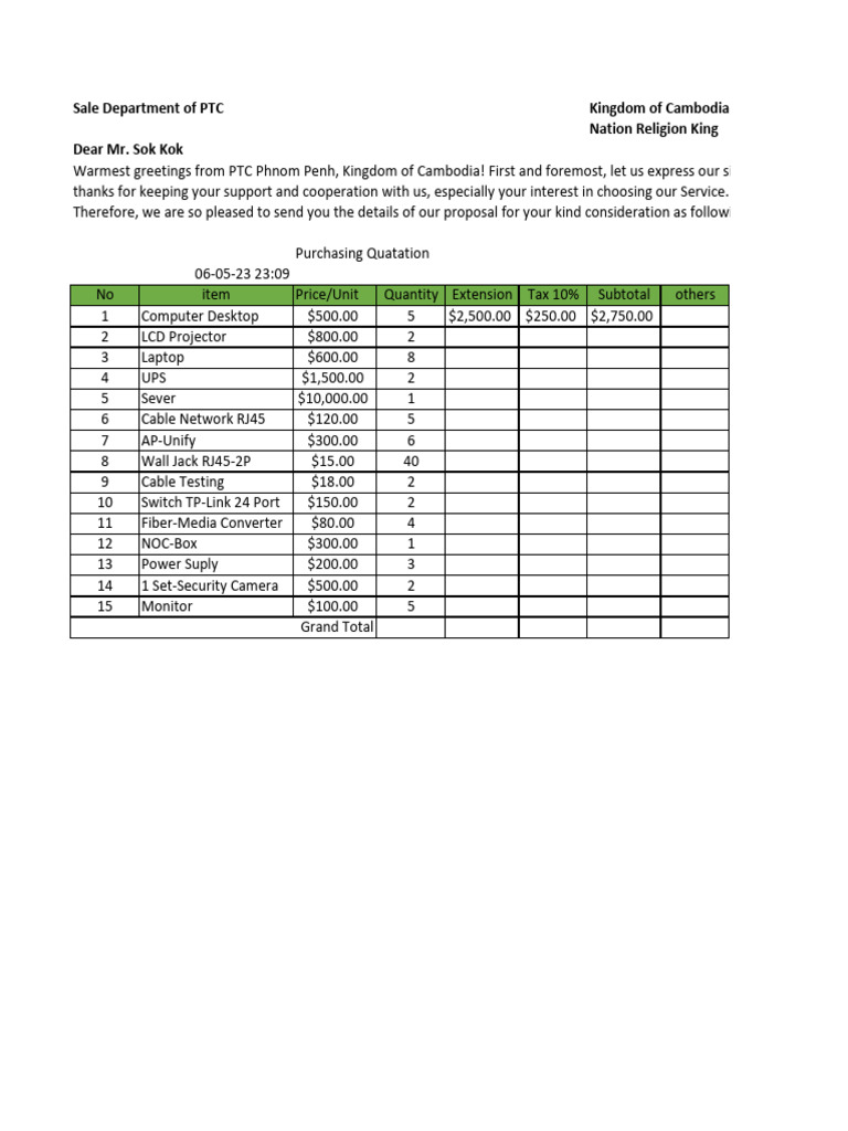 Sale Department of PTC Kingdom of Cambodia Nation Religion King Dear Mr. Sok Kok | PDF