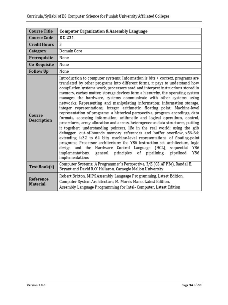 Computer Organization & Assembly Language Syllabus | PDF