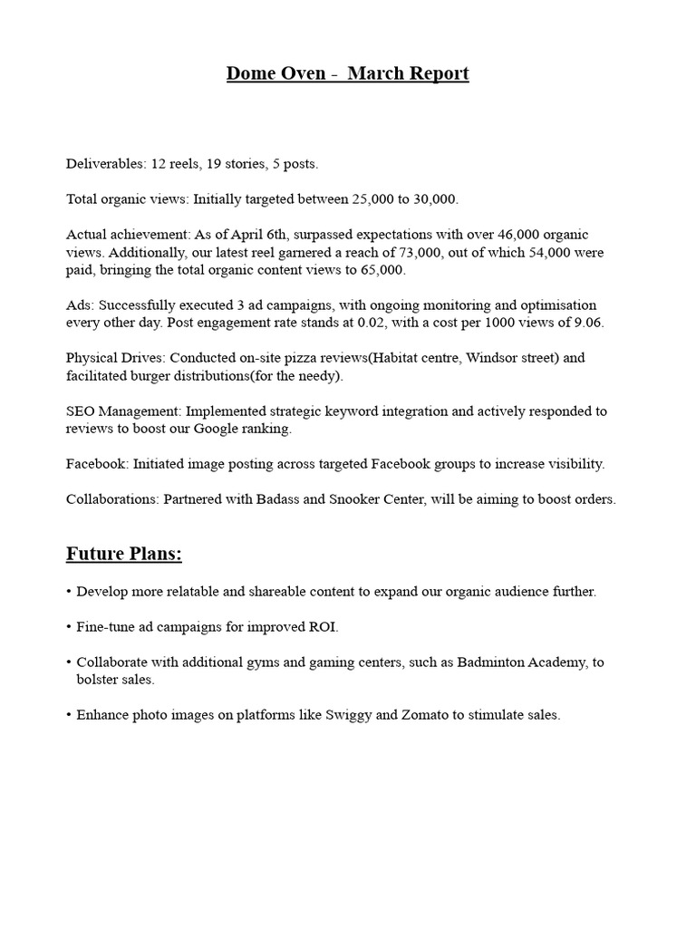 Dome Oven - March Report | PDF