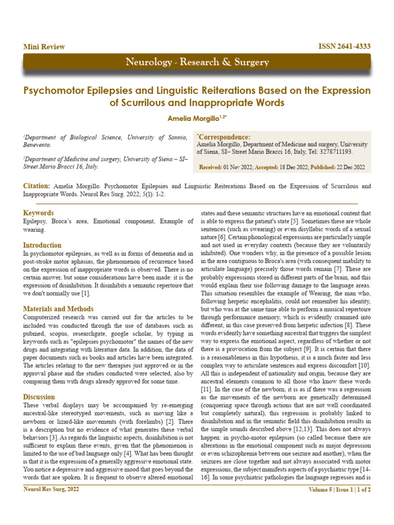 Psychomotor Epilepsies and Linguistic Reiterations Based On The ...
