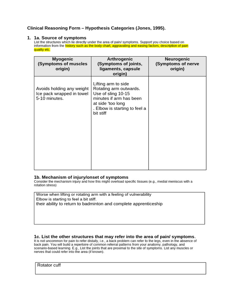 Clinical Reasoning Form Assessment-1 | PDF | Pain | Peripheral Neuropathy