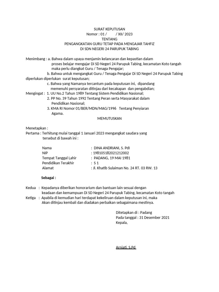 Surat Keputusan Tahfiz | PDF