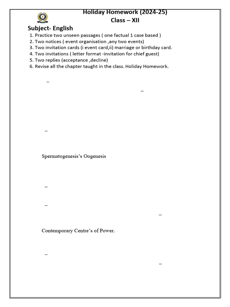 Class XII Holiday Homework Guide | PDF