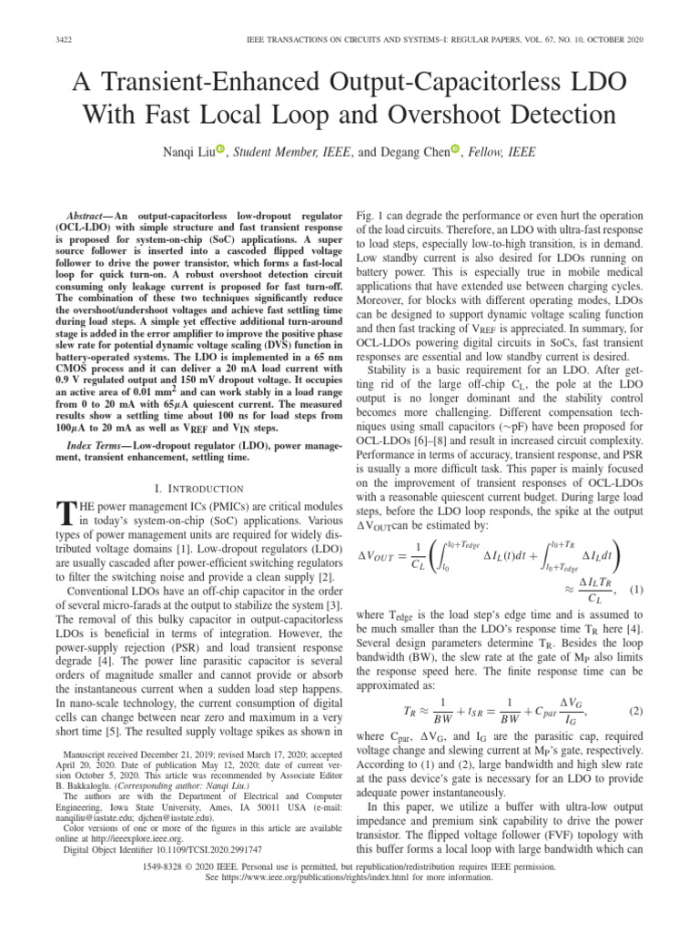 A Transient-Enhanced Output-Capacitorless LDO With Fast Local Loop and Overshoot Detection | PDF ...