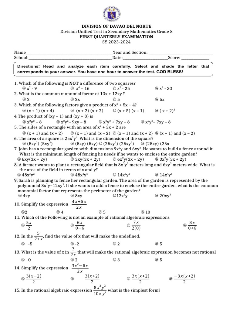 Grade 8 First Quarter Exam | PDF | Factorization | Equations