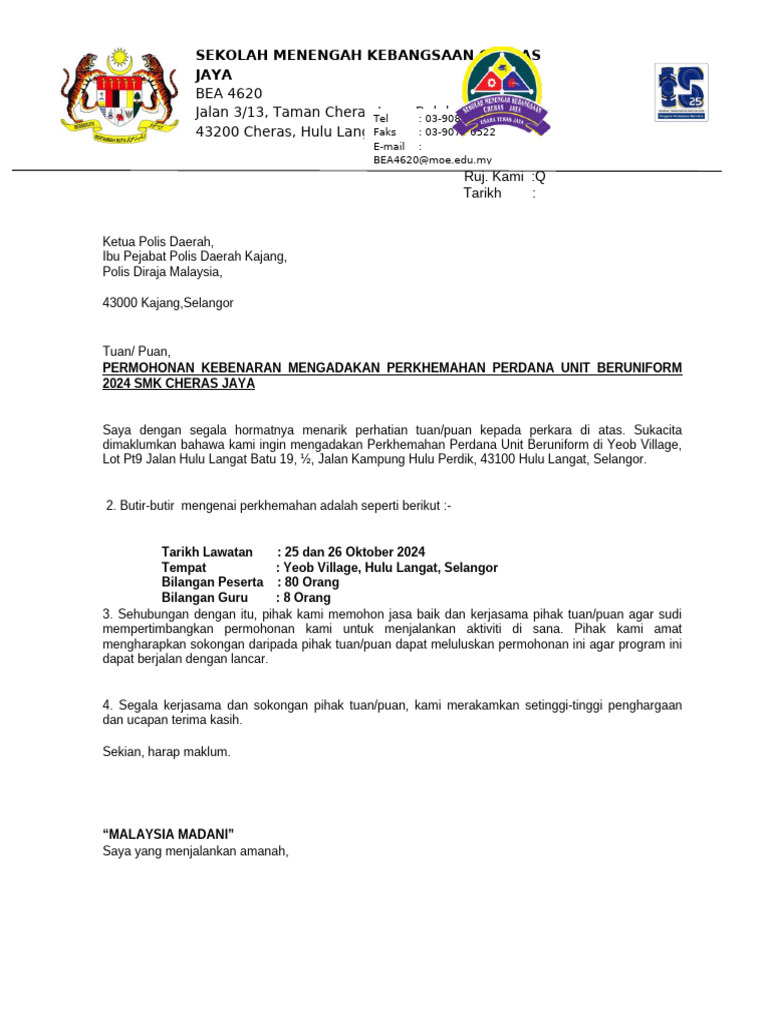 SURAT KEBENARAN MEMOHON KEBENARAN PERKHEMAHAN DI YEOB VILLAGE KPD Ipd ...