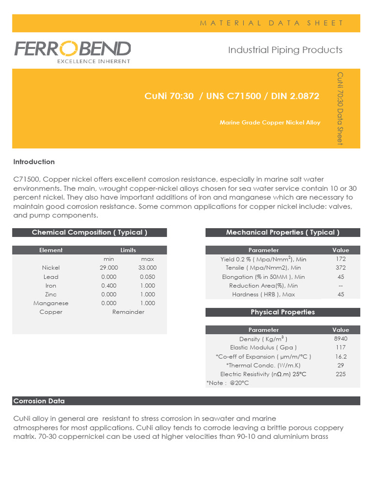 Copper Nickel Uns c71500 | PDF | Pipe (Fluid Conveyance) | Corrosion