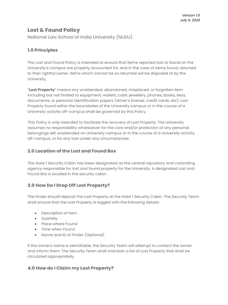 Lost & Found Policy - v 1.0 July 6.docx | PDF | Identity Document