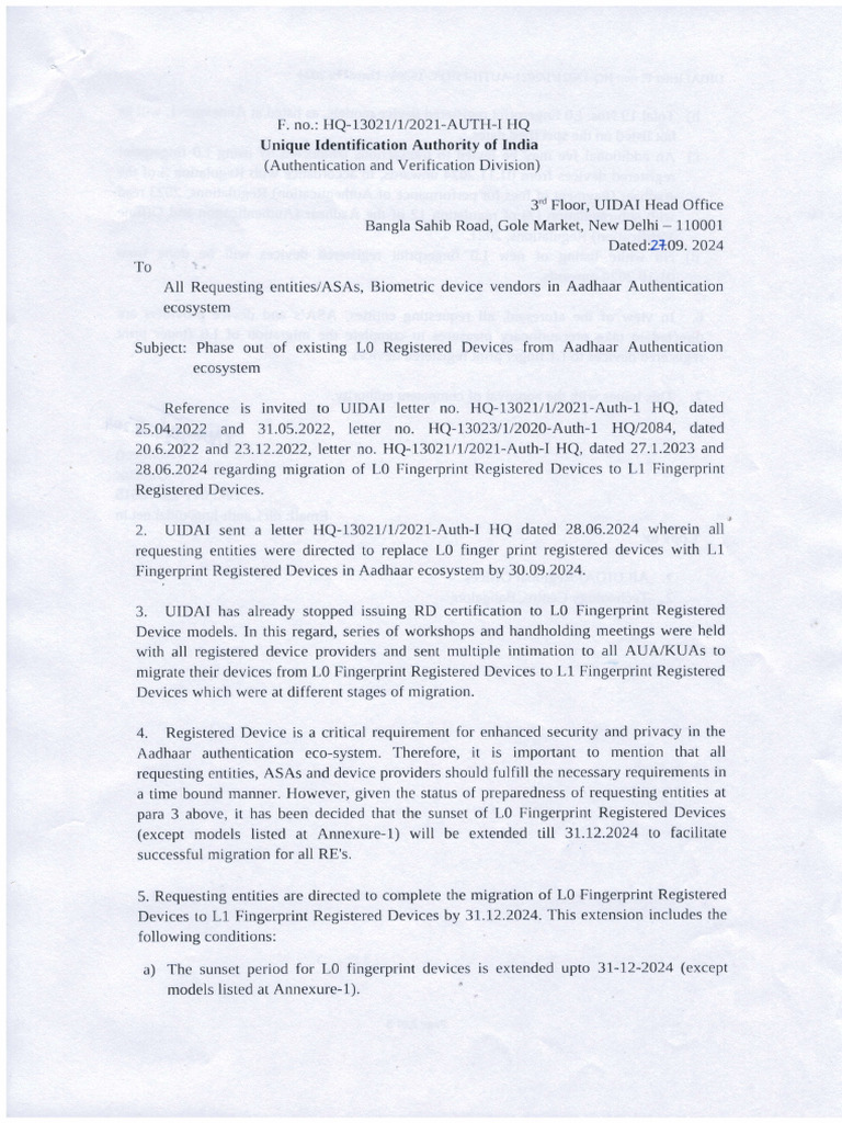 L0 Extension Letter DT 27.09.2024 | PDF | Fingerprint | Control (Social ...