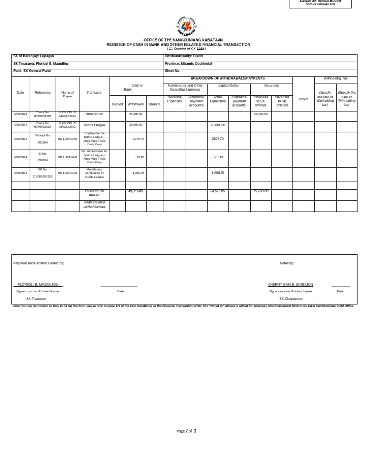 3.61st Quarter SK - Register of Cash in Bank and Other Related ...