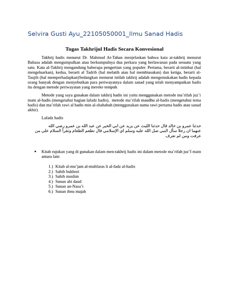 Ilmu Sanad Hadis - Selvira Gusti Ayu - 22105050001 | PDF | Agama & Spiritualitas