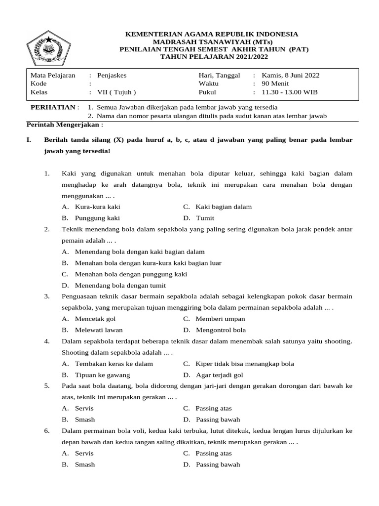 Soal Pat Penjaskes Kelas Vii Genap 2021-2022 | PDF