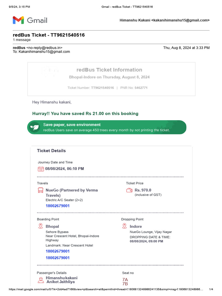 Sehore Bus Ticket | PDF