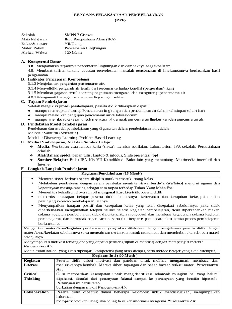 RPP Ipa Kelas 7 Pencemaran Air | PDF