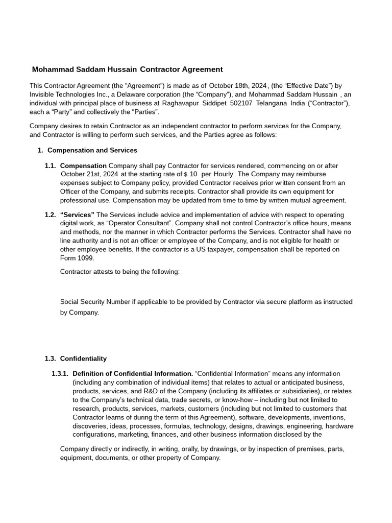 Mohammad Saddam Hussain + Invisible Technologies Inc. Document | PDF | Arbitration | Indemnity