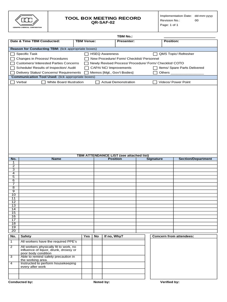 Toolbox Meeting Form Rev01 | PDF