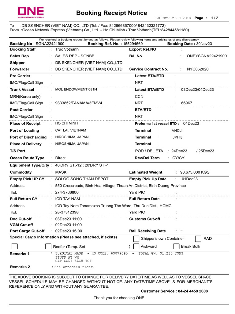Booking-Note-Vtt-1 | PDF | Supply Chain Management | Water Transport