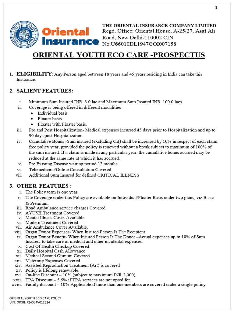 Oriental Youth Eco Care Policy-Prospectus | PDF | Medicine | Intensive ...