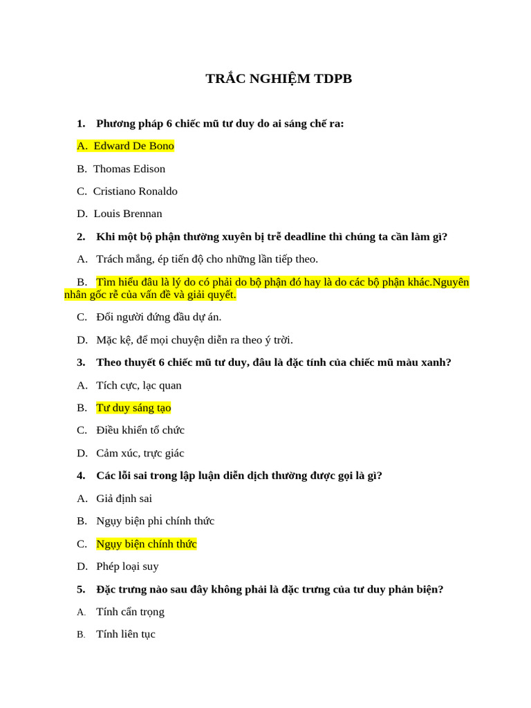 Trắc Nghiệm Tdpb Nhóm 1 | PDF