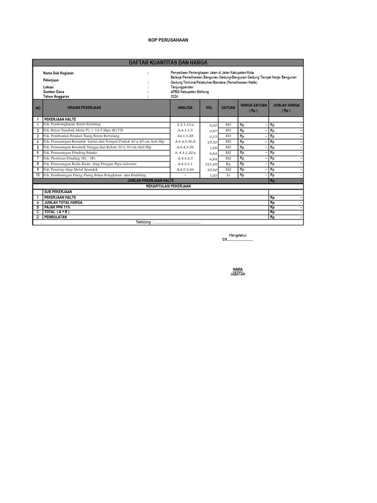 Daftar Kuantitas Dan Harga Halte | PDF