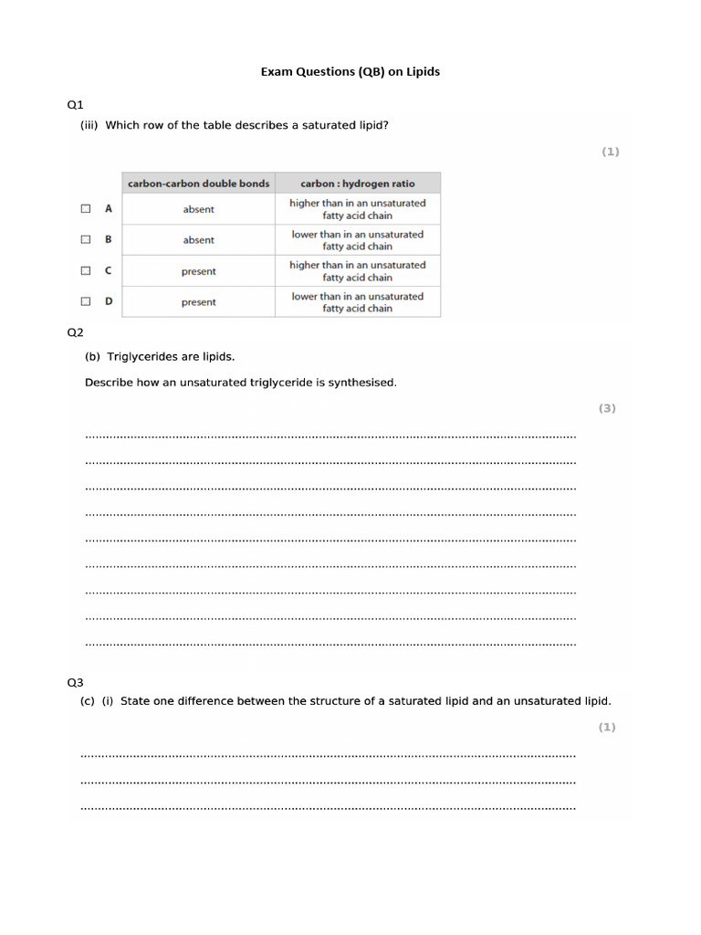 Exam Questions on Lipids | PDF