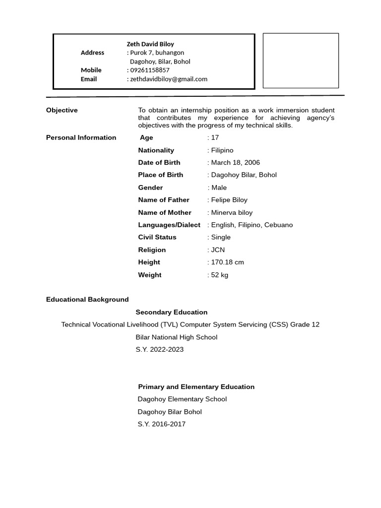 Biloy Zeth David RESUME | PDF