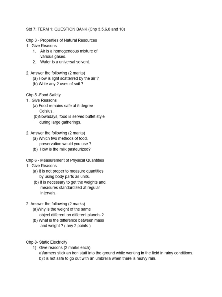 STD 7 - TERM 1 - QUESTION BANK (CHP 3,5,6,8 and 10) | PDF | Science ...