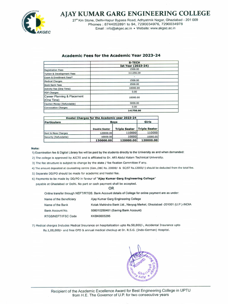 Fee Structure Btech. i Year | PDF
