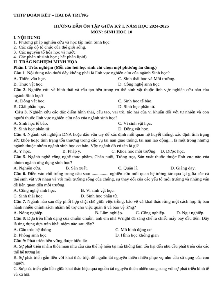 De Cuong Sinh 10 GK 1 Nop | PDF