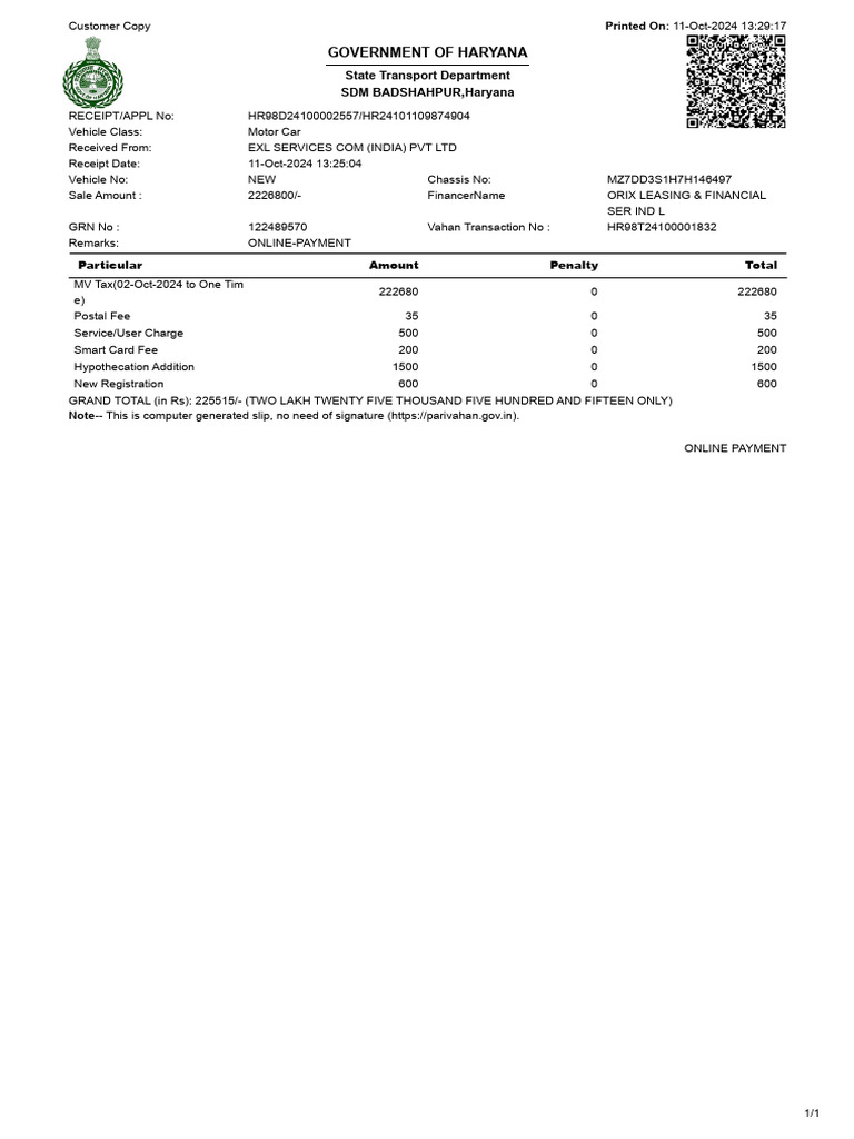 Vehicle Registration Receipt | PDF