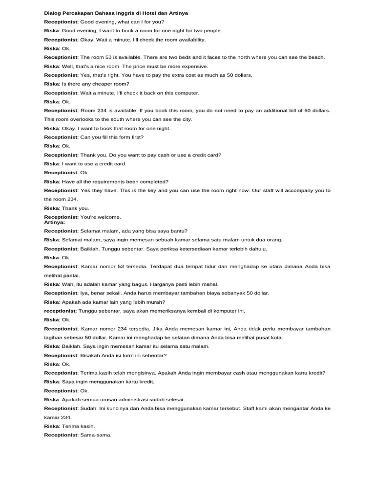Dialog Percakapan Bahasa Inggris Di Hotel Dan Artinya | PDF