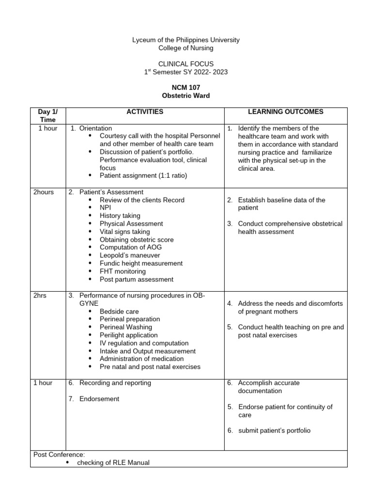 01 Clinical Focus OB Ward 107 | PDF | Nursing | Patient