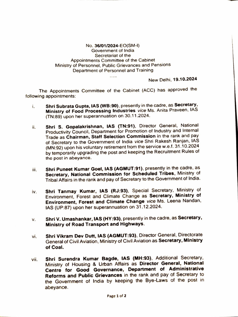 secretary appointments | PDF | Government Of India | Government ...