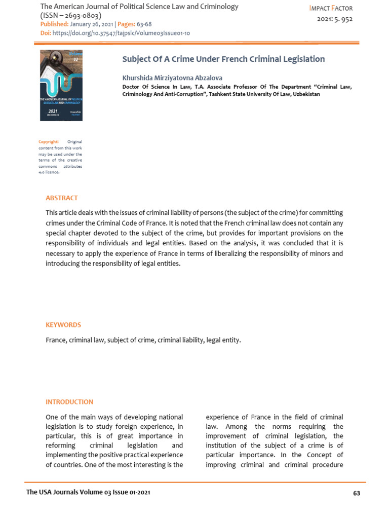 Subject of A Crime Under French Criminal Legislation | PDF | Crimes ...