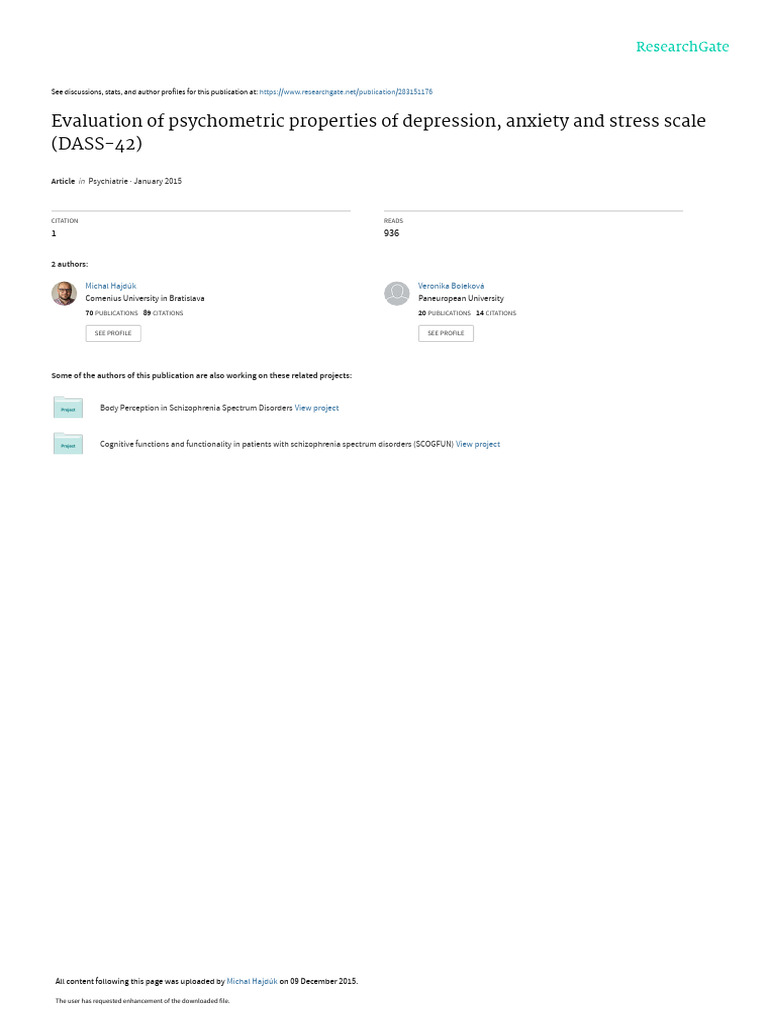 Evaluation of Psychometric Properties of Depression, Anxiety and Stress ...