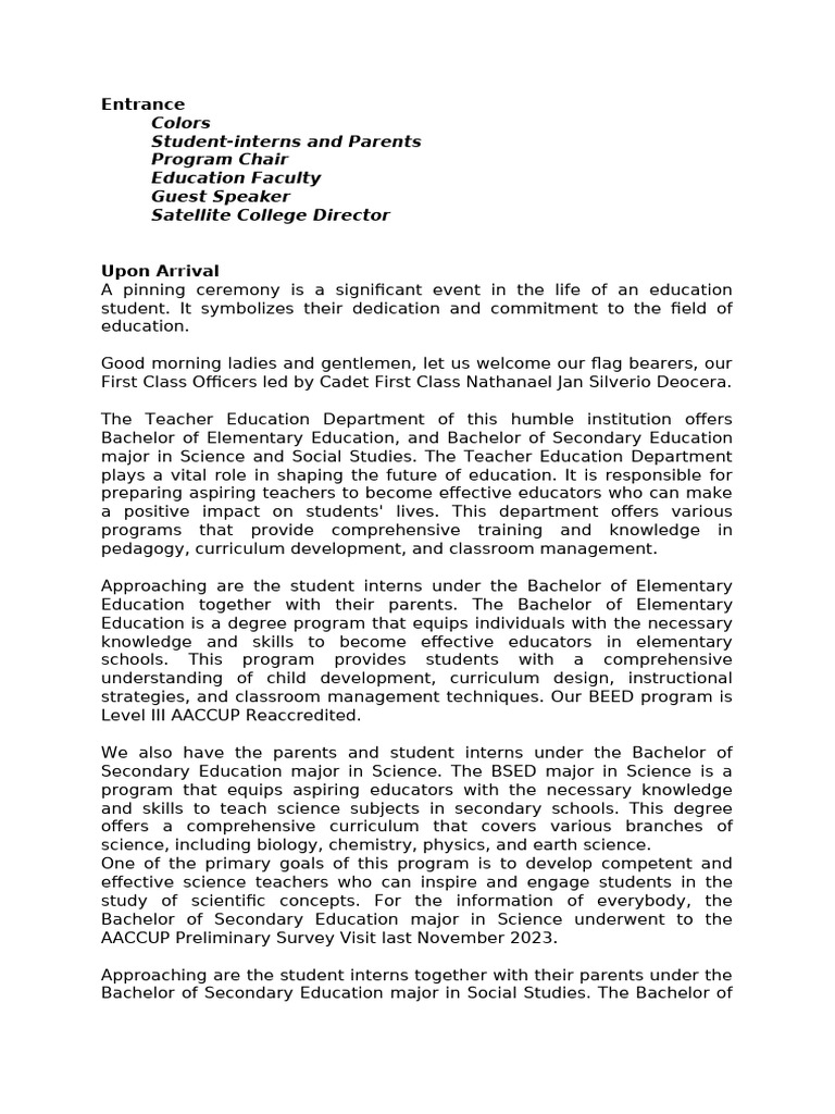 Script For Pinning Ceremony 2023 (TED) | PDF | Teachers