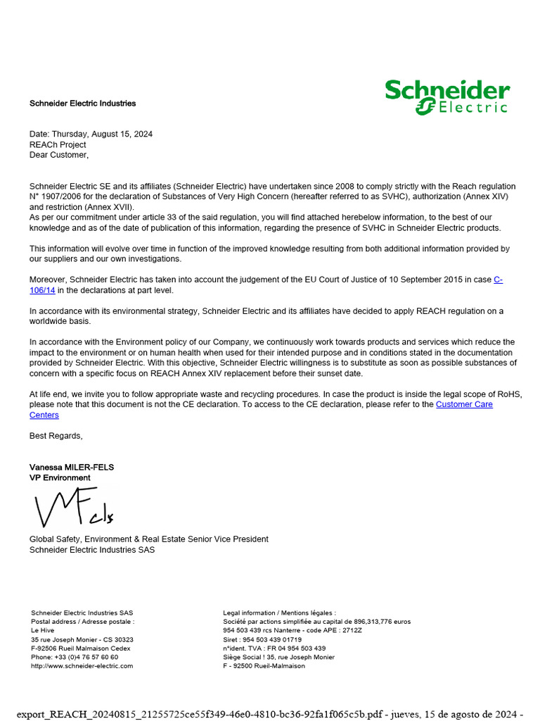 LC1D258E7 REACH DECLARATION CL es-CL | PDF | Occupational Safety And Health